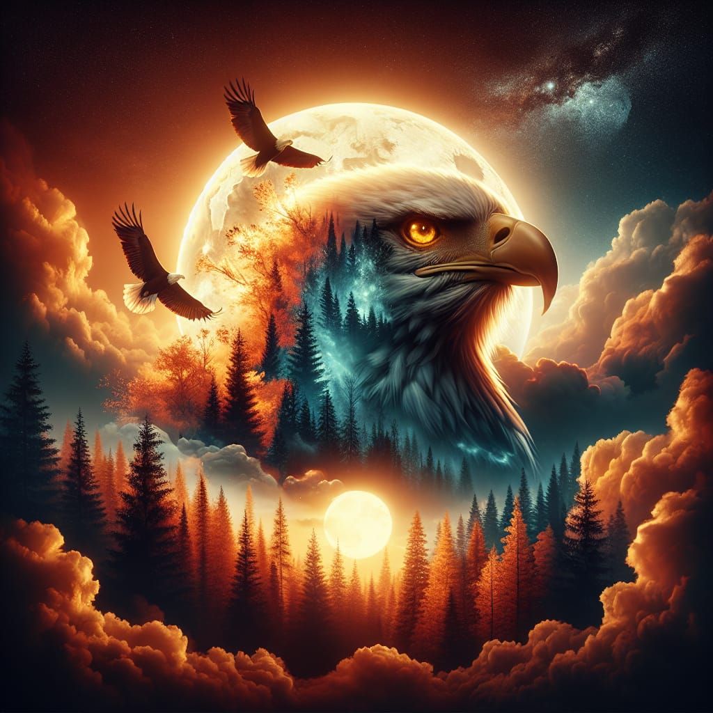 Spirit of the Sky - Ethereal Eagle in Sunset Forest, Symboli...