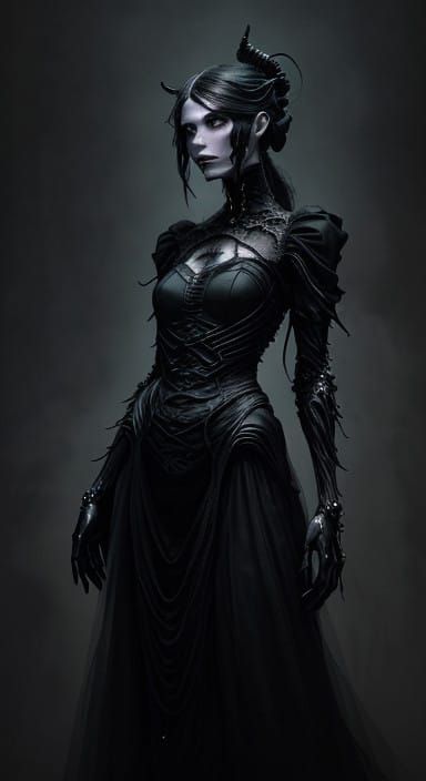 Ethereal Gothic Fashion Model in Chrome Exoskeleto... - AI Art