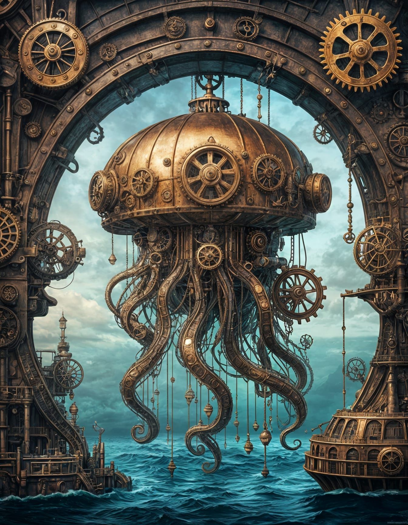Steam-Powered Jellyfish in a Submersible Steampunk... - AI Art
