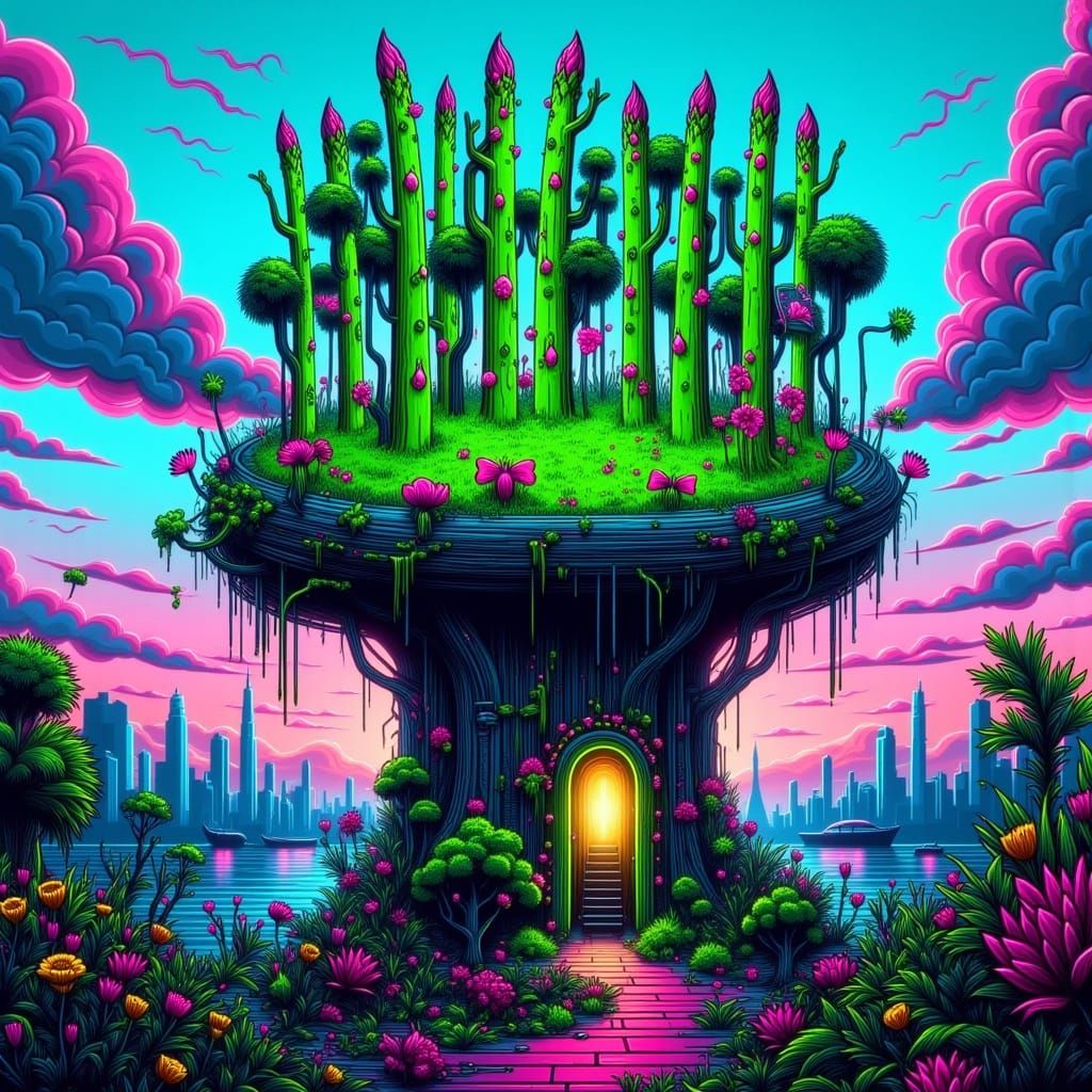 Cyberpunk Asparagus Treehouse Village Skyline - AI Art