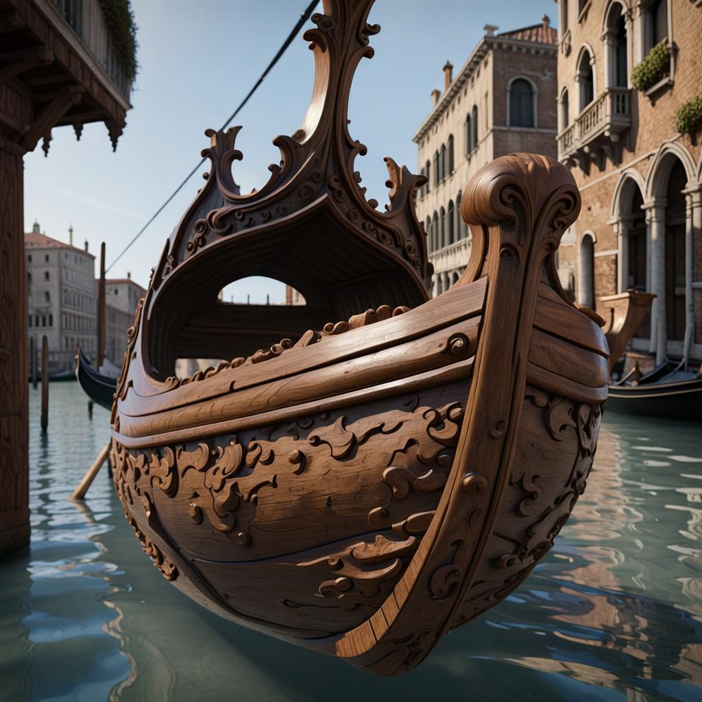 gondola carved out walnut log floating down calli in Venice,real ...