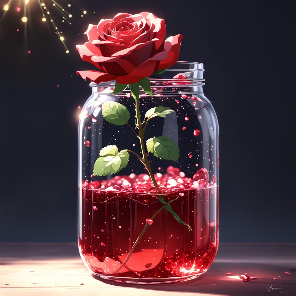 Red, sparkling rose in a jar - AI Generated Artwork - NightCafe Creator