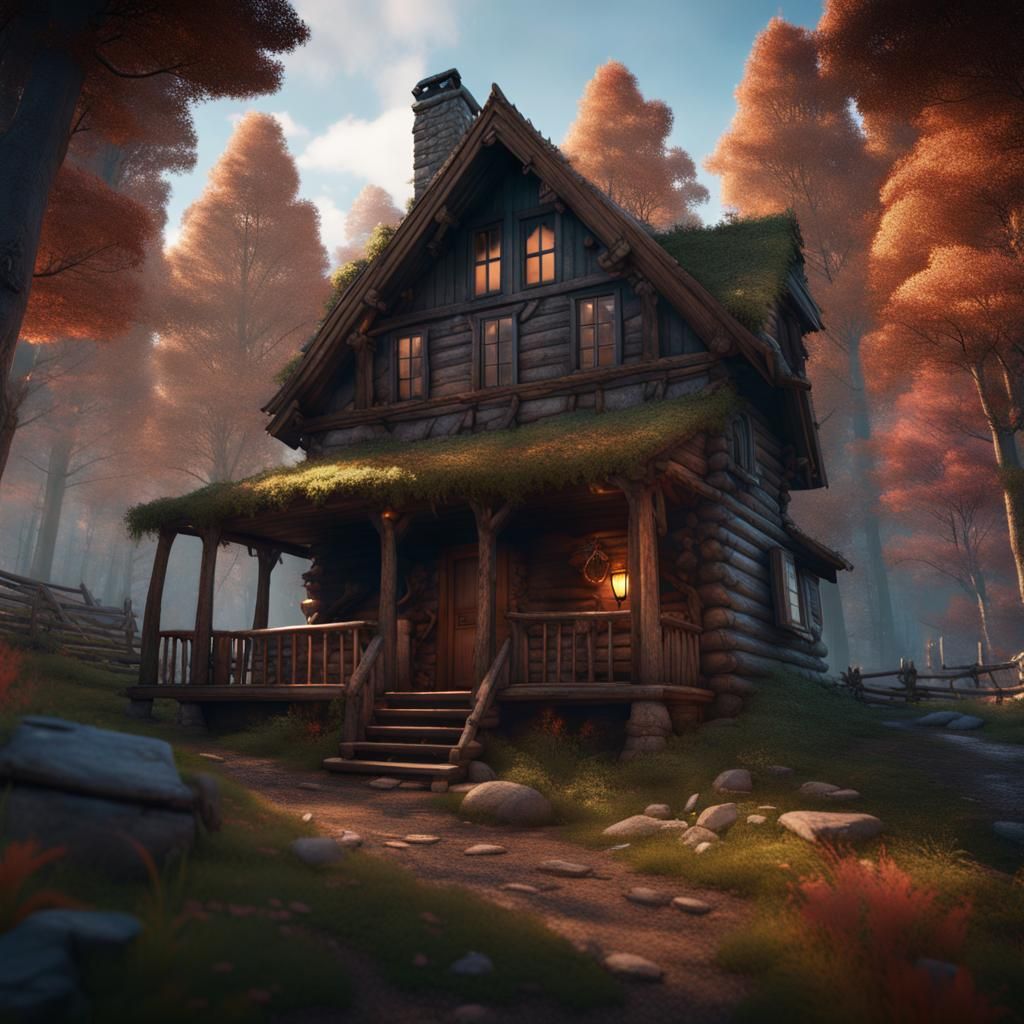 Cozy cabin in the woods detailed matte painting, deep color ...