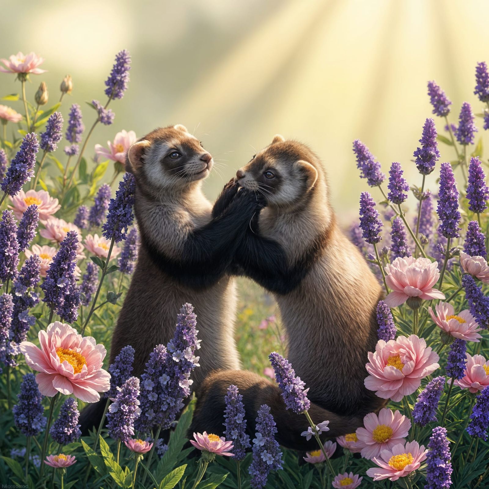 Ferret playtime - Ethereal Ferrets in Lavender Bloom, Art No...