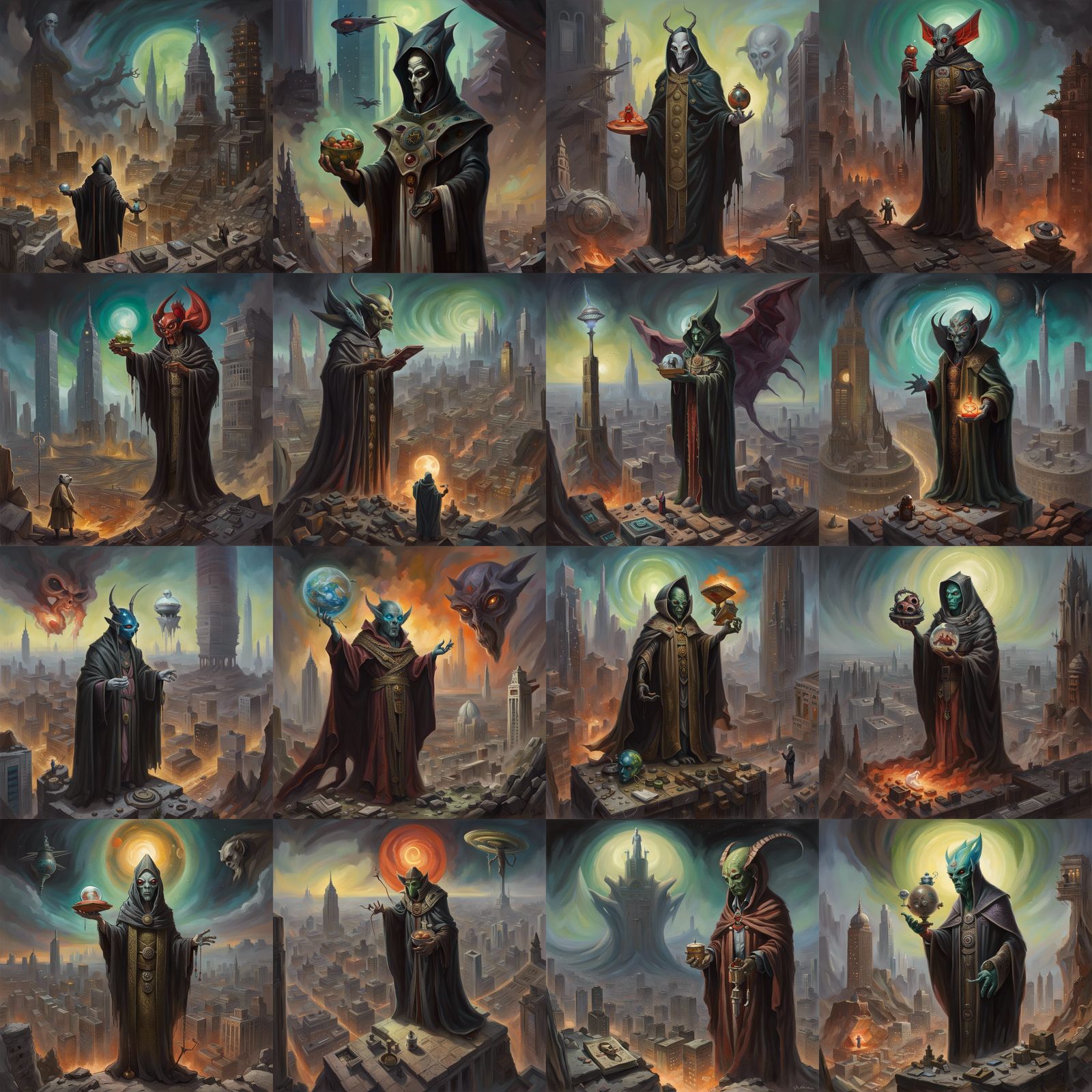 Painting of giant robed demon priest with alien mask holding sacred ...