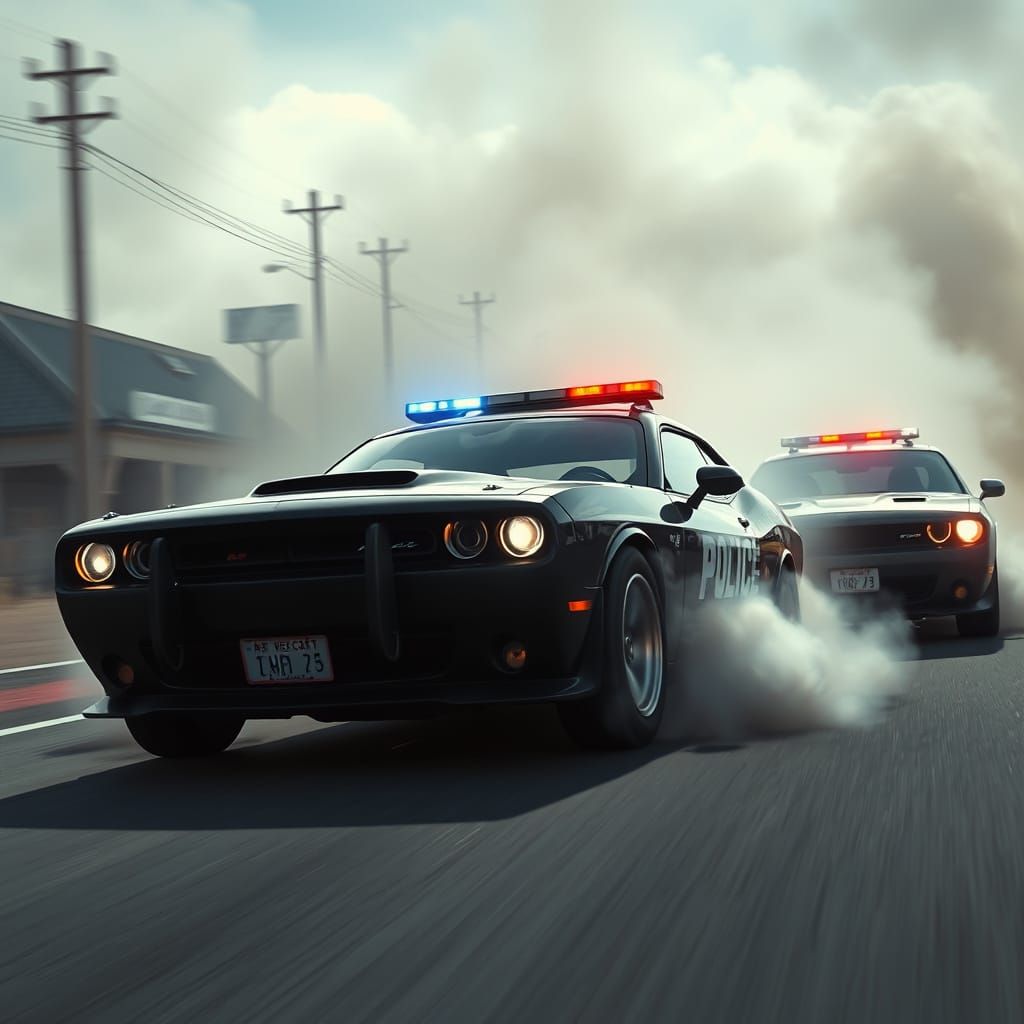 Epic Dodge Hellcat Chase in Smoky Digital Matte Pa... - AI Art
