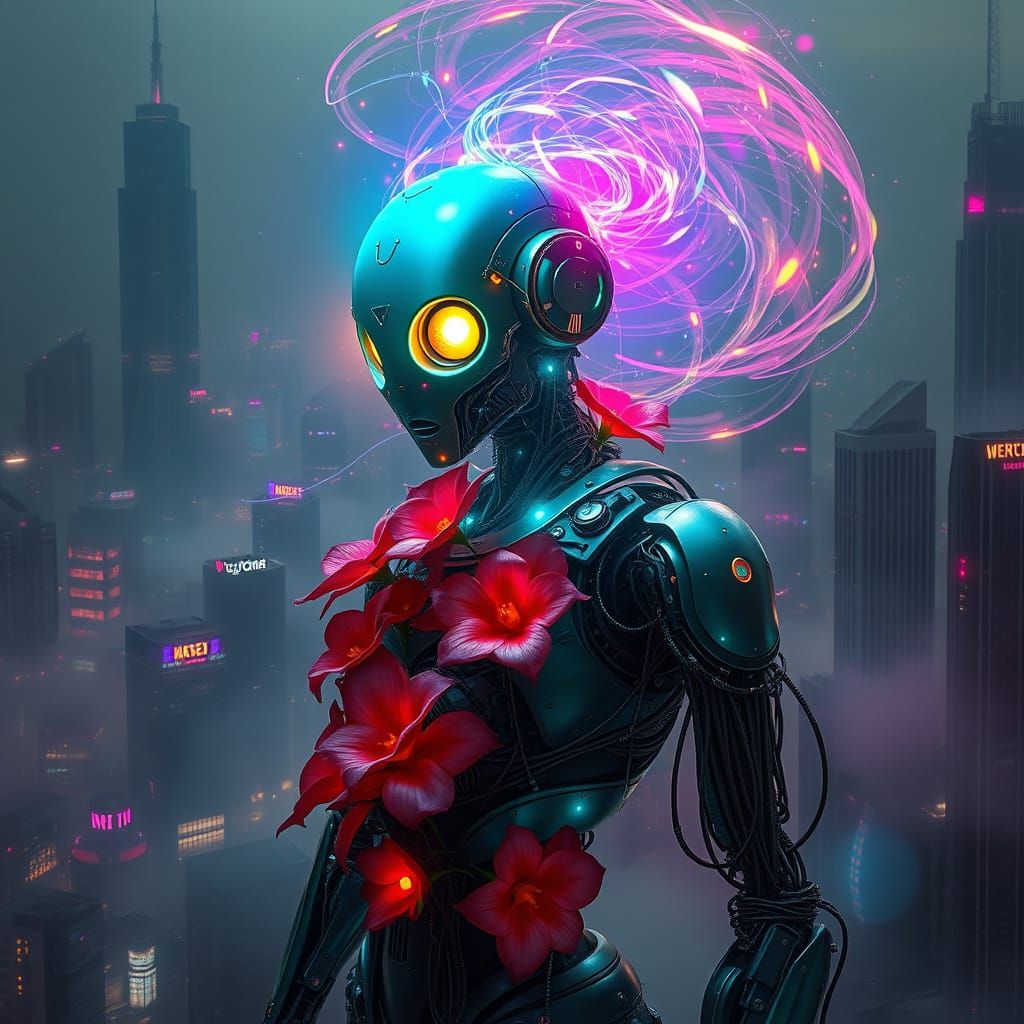 Cosmic robot with flowers in city - Cyberpunk Robot Amidst C...