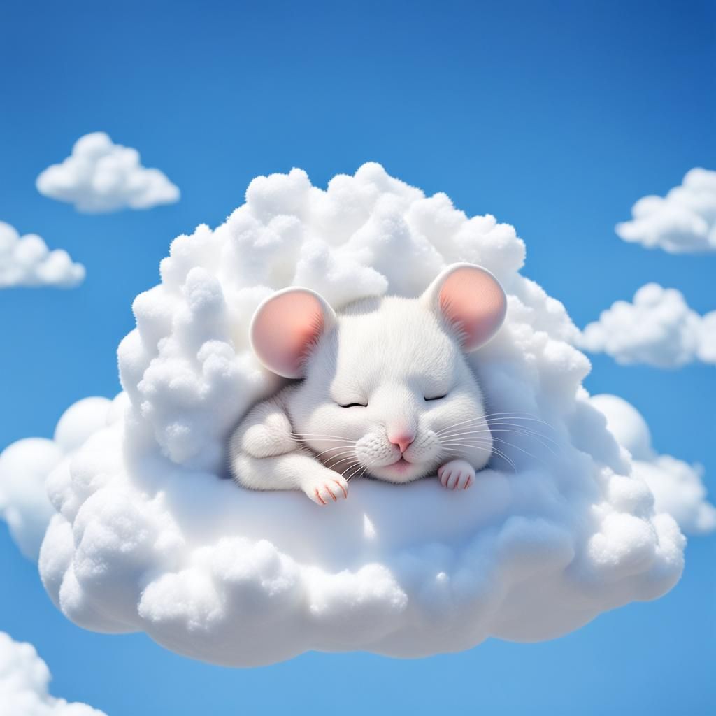 Photograph, Hyperrealistic, A fluffy white cloud sleeping chibi mouse ...