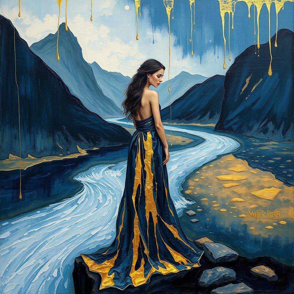 Ethereal River Landscape with Gold and Blue Abstra... - AI Art