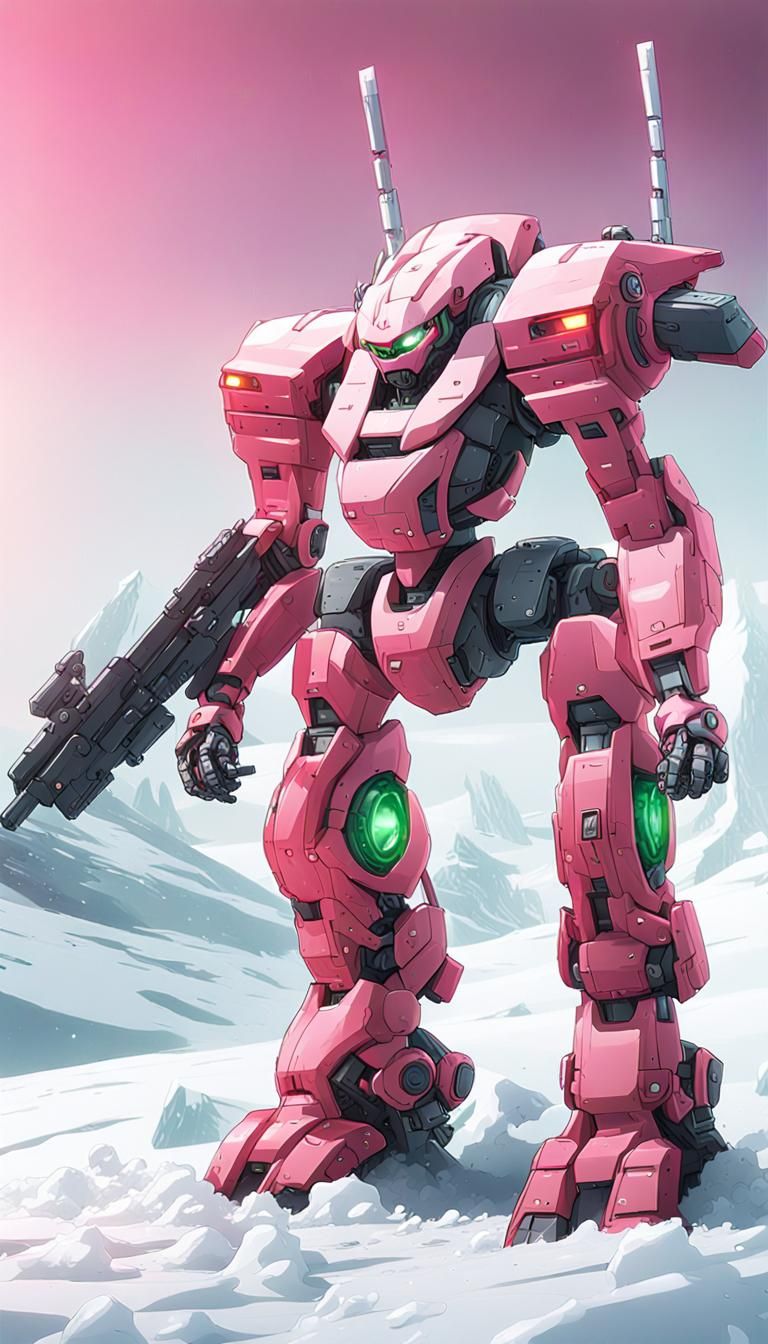 mech, robot, military, arctic, snow, colorful (pink, red, green, yellow ...