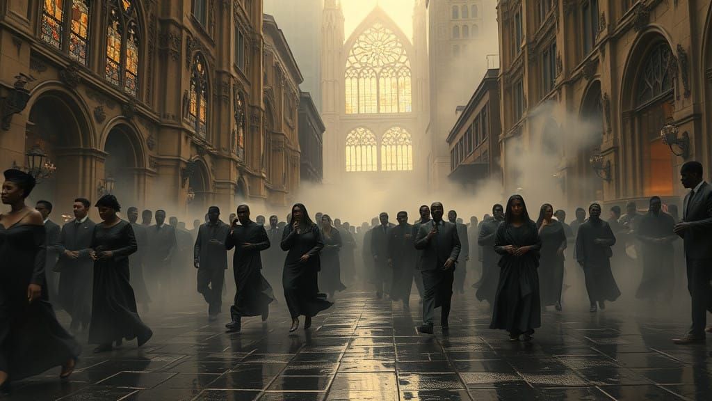 Ethereal Funeral Procession through Gothic Citysca... - AI Art