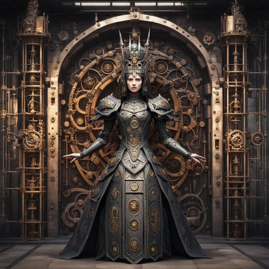 beautiful mechanical queen in iron hall with glyphs on walls - AI Generated Artwork - NightCafe ...