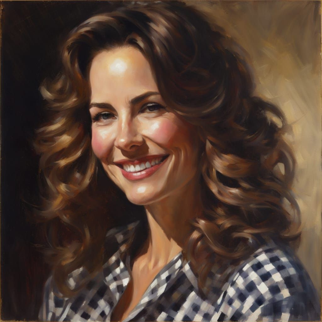 "Painterly Portrait" 5 - Woman with Sly Smile in Gingham Shi...