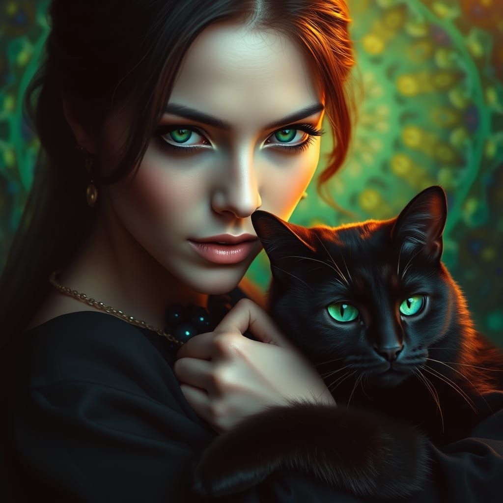 Beautiful - Ethereal Lady with Mystical Cat in Vibrant, Dre...