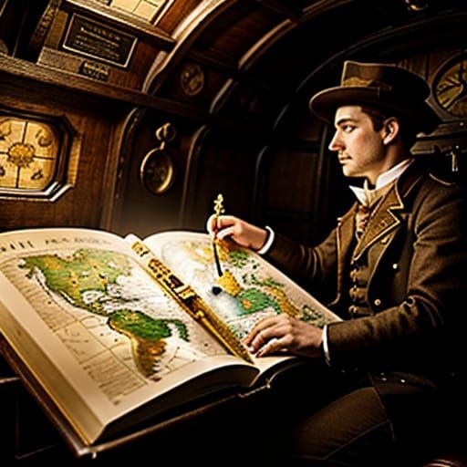 A Victorian-era explorer meticulously examines a glowing map, his ...