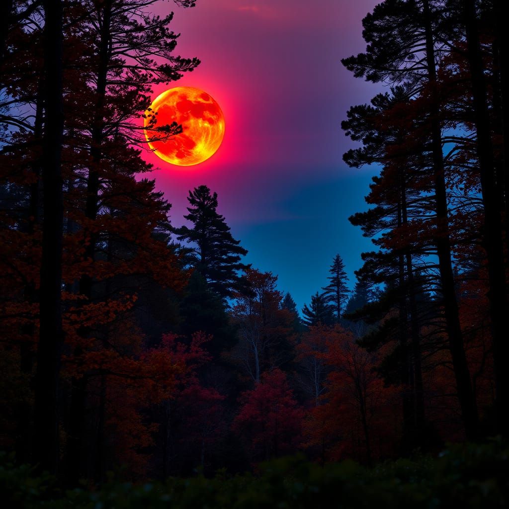 Lunar Eclipse in Forest Sunset - AI Art