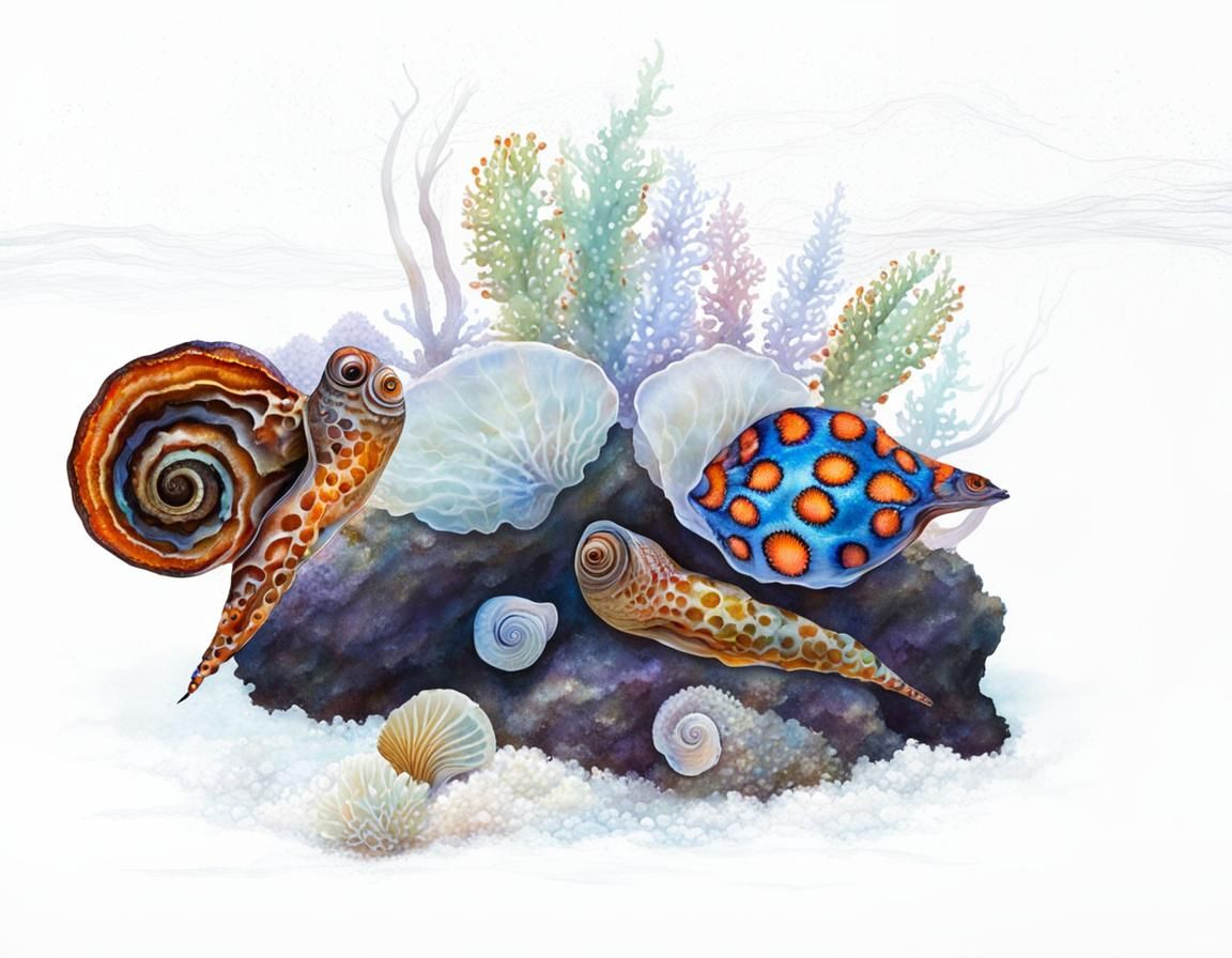 Through the glass of an aquarium two molluscs or seashells in brightly ...