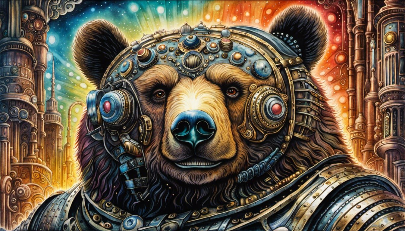 Psychedelic cyborg steampunk Obese Bear, cosmic surrealism fantasy 8k ...