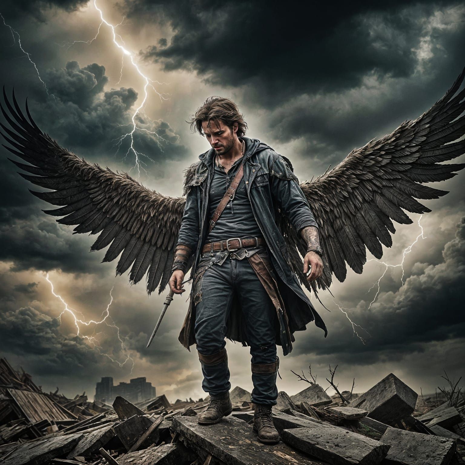 Fallen Angel in Cinematic Dark: Stormy Background - AI Art