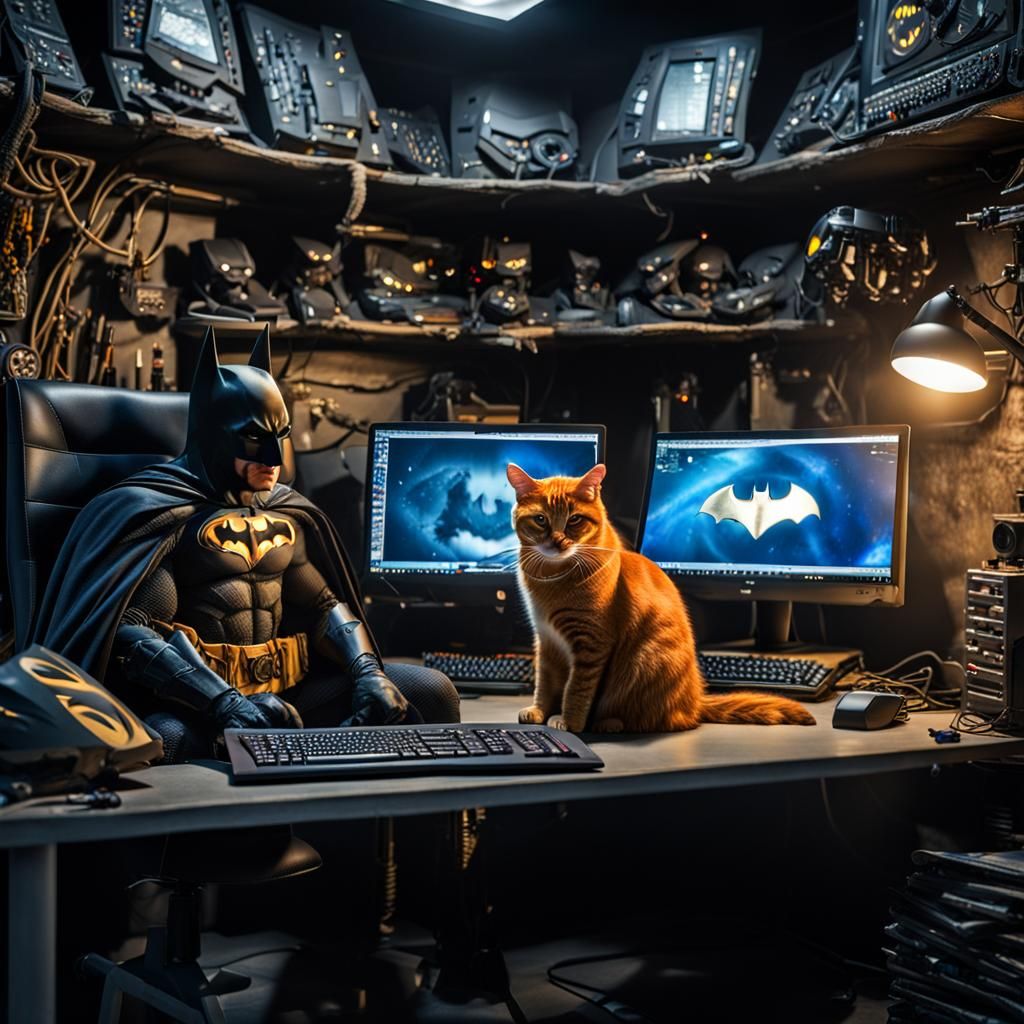 Ginger cat in costume as Batman sitting at a computer in the Batcave ...
