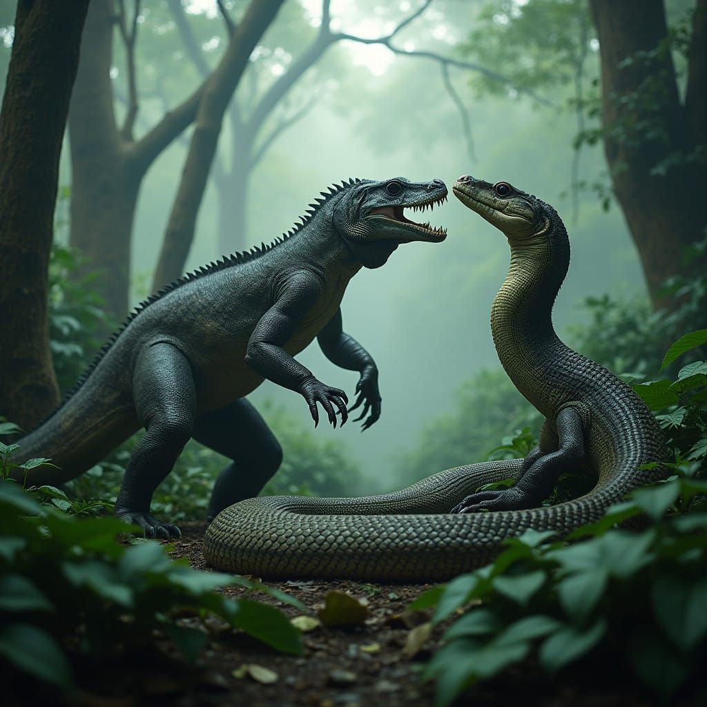 A massive Komodo dragon facing off against an anaconda in a tropical ...