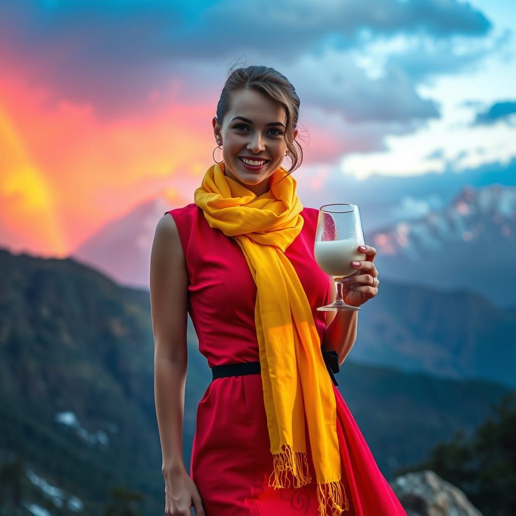 Spectacular Young Woman in Glowing Red Dress Amids... - AI Art