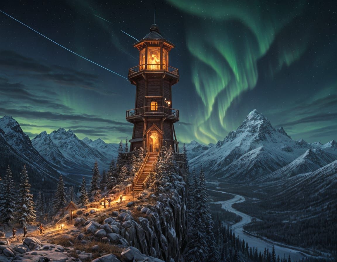Norse Watchtower Beacon Network at Night, Illumina... - AI Art