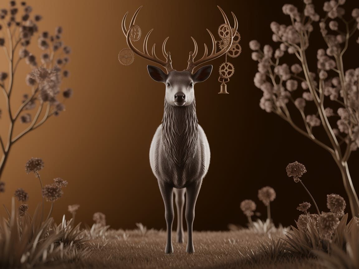 Steampunk Forest Landscape with Majestic Deer - AI Art