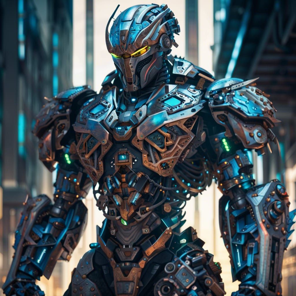 Giant cybernetic warrior, full body, intricated mechanical armor ...