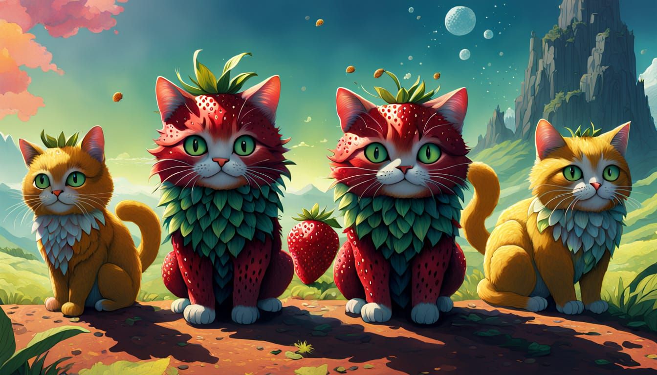 Create strawberry and banana and raspberry fruits in the shape of cats