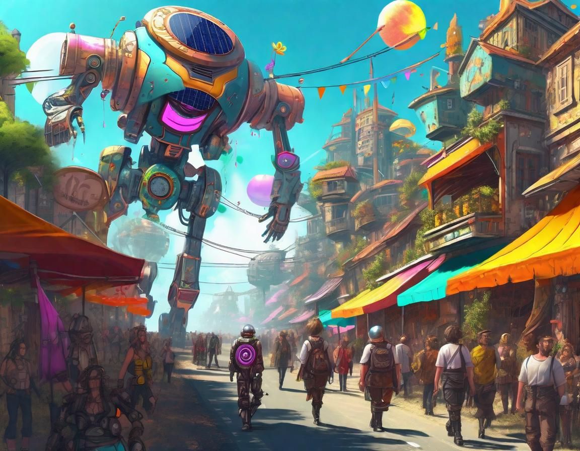 Solarpunk village, mech walks on road, peopples on colourfull costumes ...