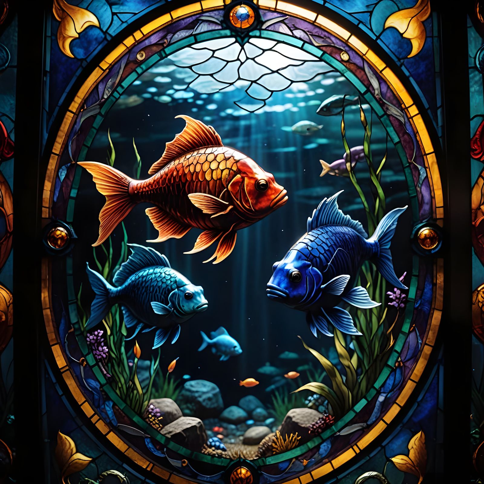 The aquarium - Surreal Fish Form Pisces Zodiac in Stained Gl...