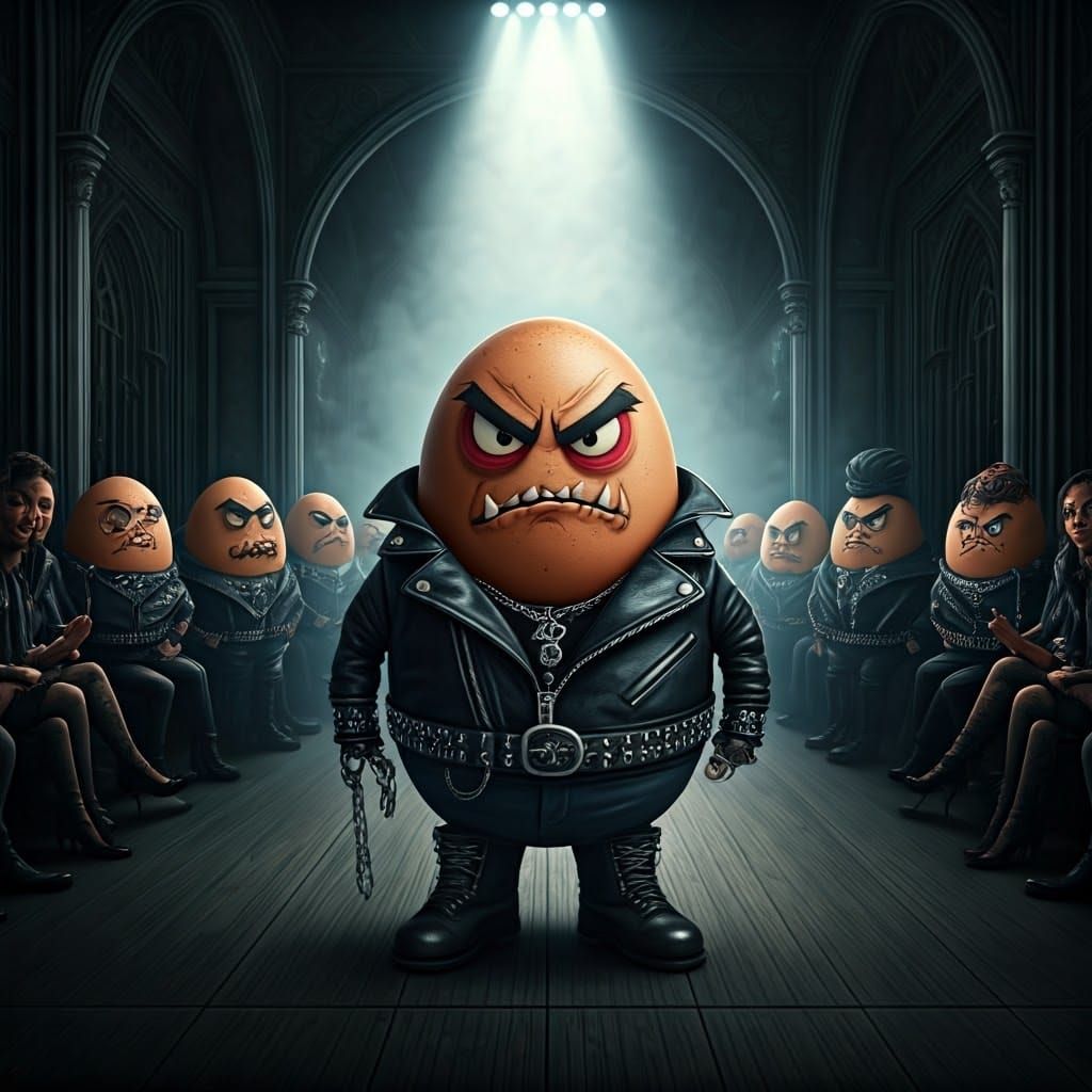Angry Eggs Strut Down Gothic Runway in Dark, Intri... - AI Art