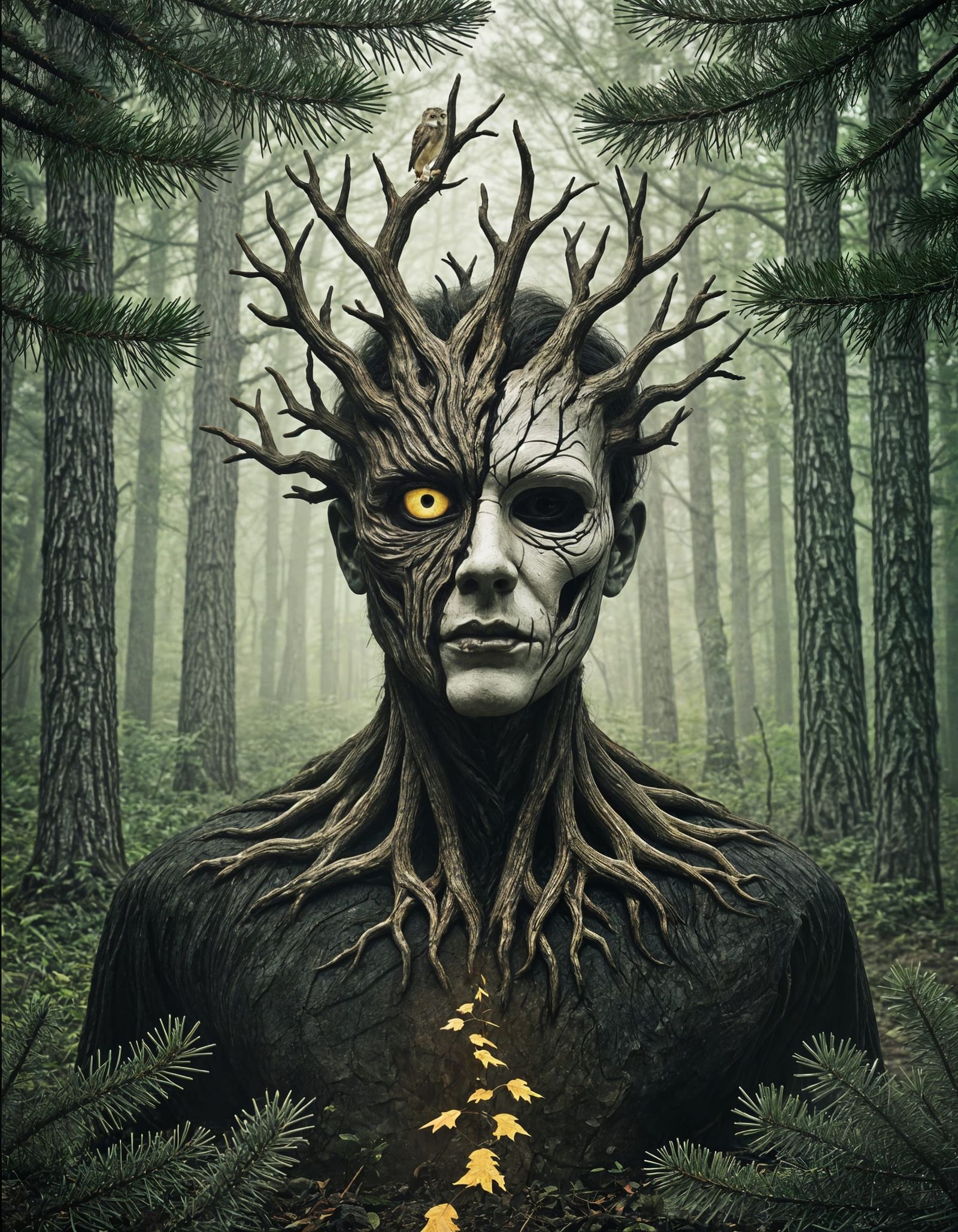 Caught at the tree line, he turns. His face is half mask, half living ...