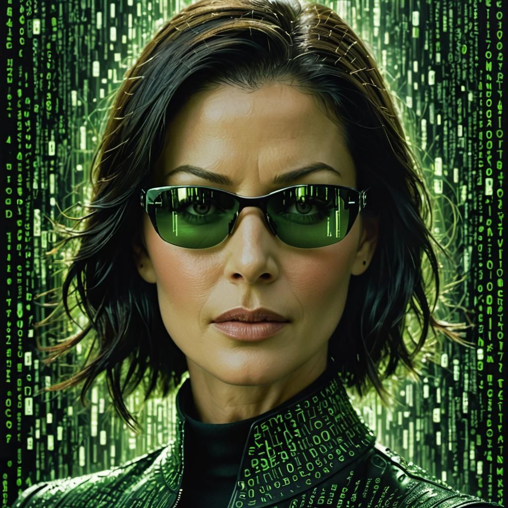 The Matrix hologram, a beautiful face of Catherine_Zeta_Jones in binaire code, light green ...