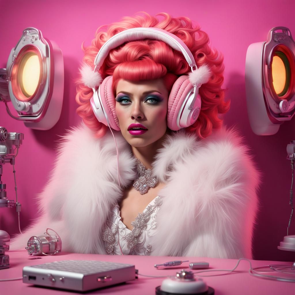 hyper real campy sissy drag queen wearing white winter fur coat, white ...