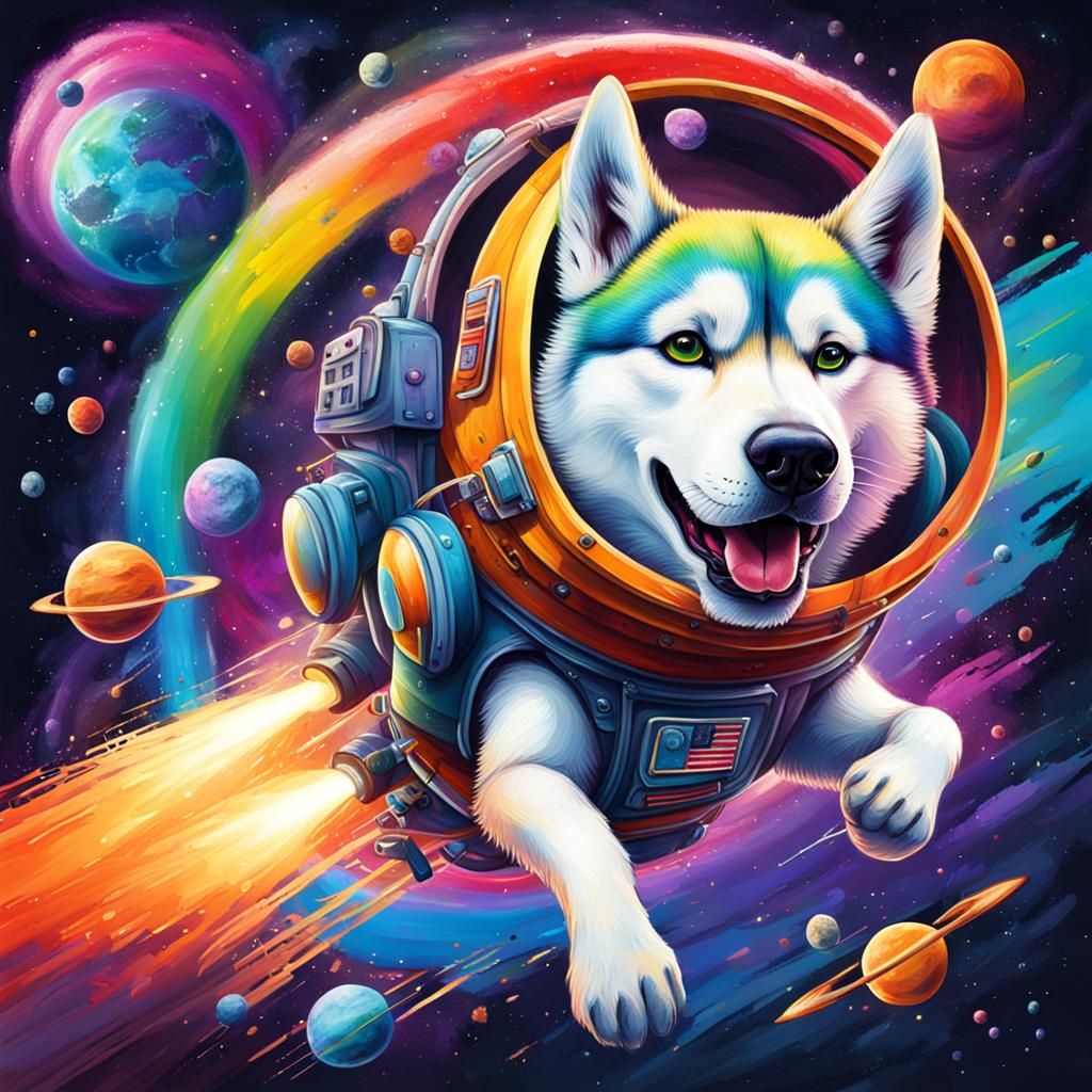 a rainbow husky flying a rocket in outer space - AI Generated Artwork ...