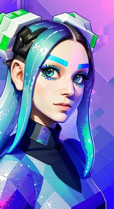 Symmetrical Lady Portrait in Holographic Minecraft... - AI Art