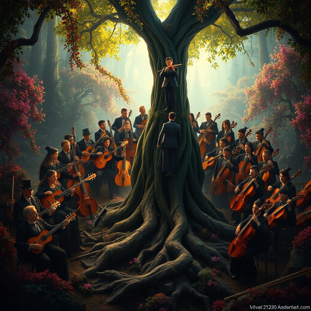 Ethereal Guitar Orchestra Amidst Enchanted Forest - AI Art