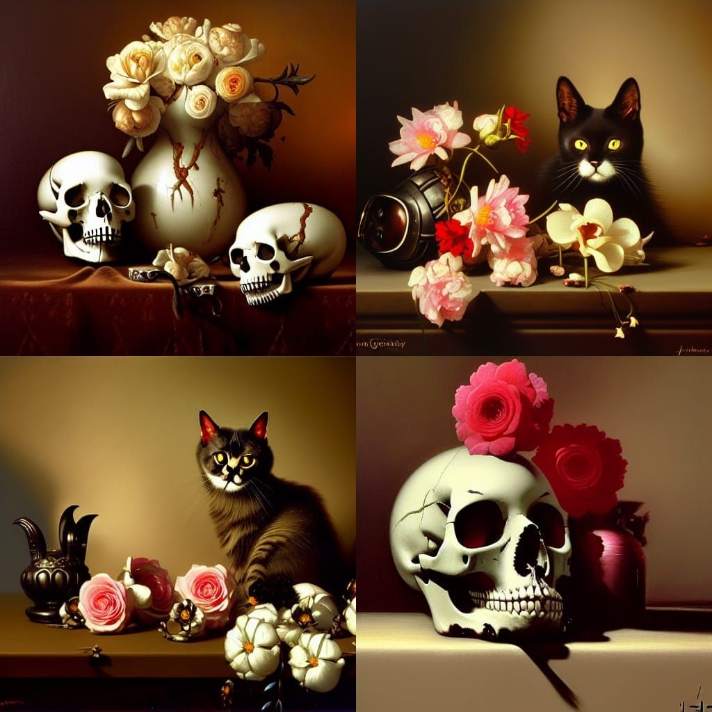 vanitas memento macabre cute still life cat flowers skulls oil painting ...
