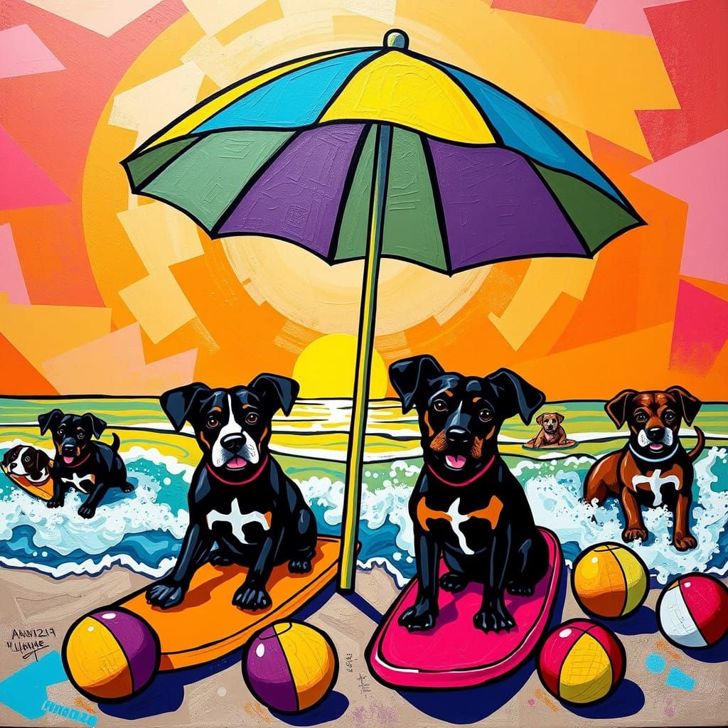 Pop up Art: Surfer Dogs at the beach