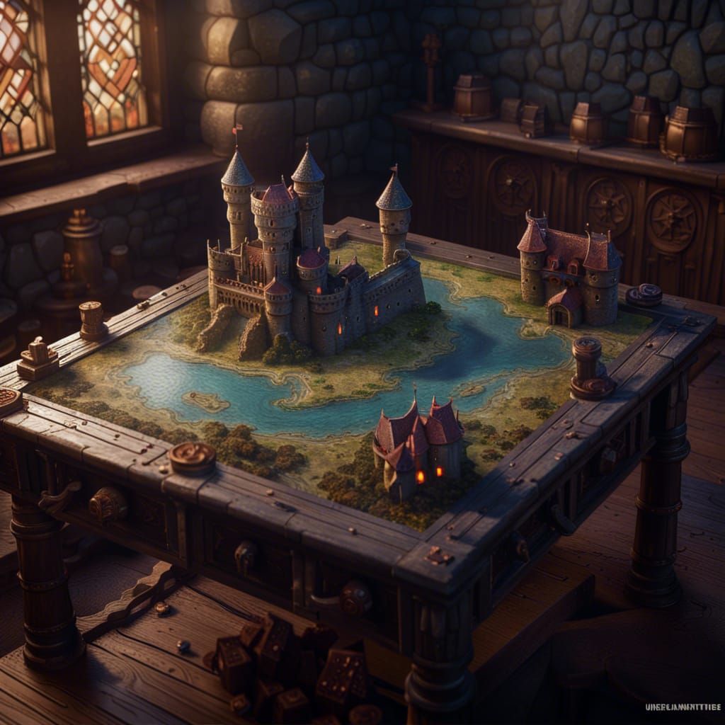 Minitures, D&D, table top, 3d map, castel, game, dice, detailed matte ...