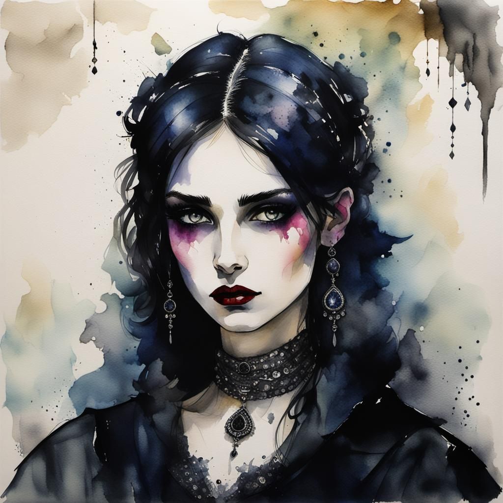 portrait, regal, moody, young goth girl, mixed media collage ...