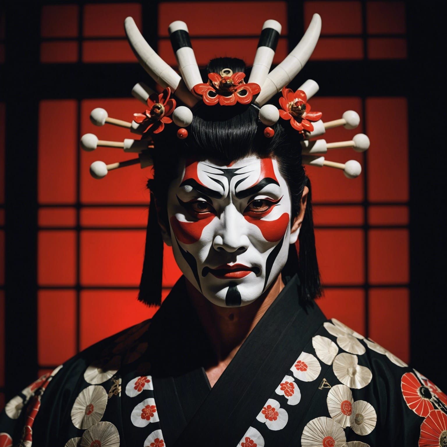 A Japanese actor wearing an elaborate kabuki mask, portraying ...