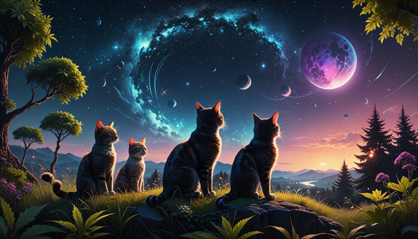 Futuristic open & nighttime landscape with Cats