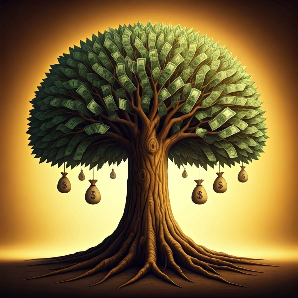 A magic money tree with bank note leaves and bags ... - AI Art