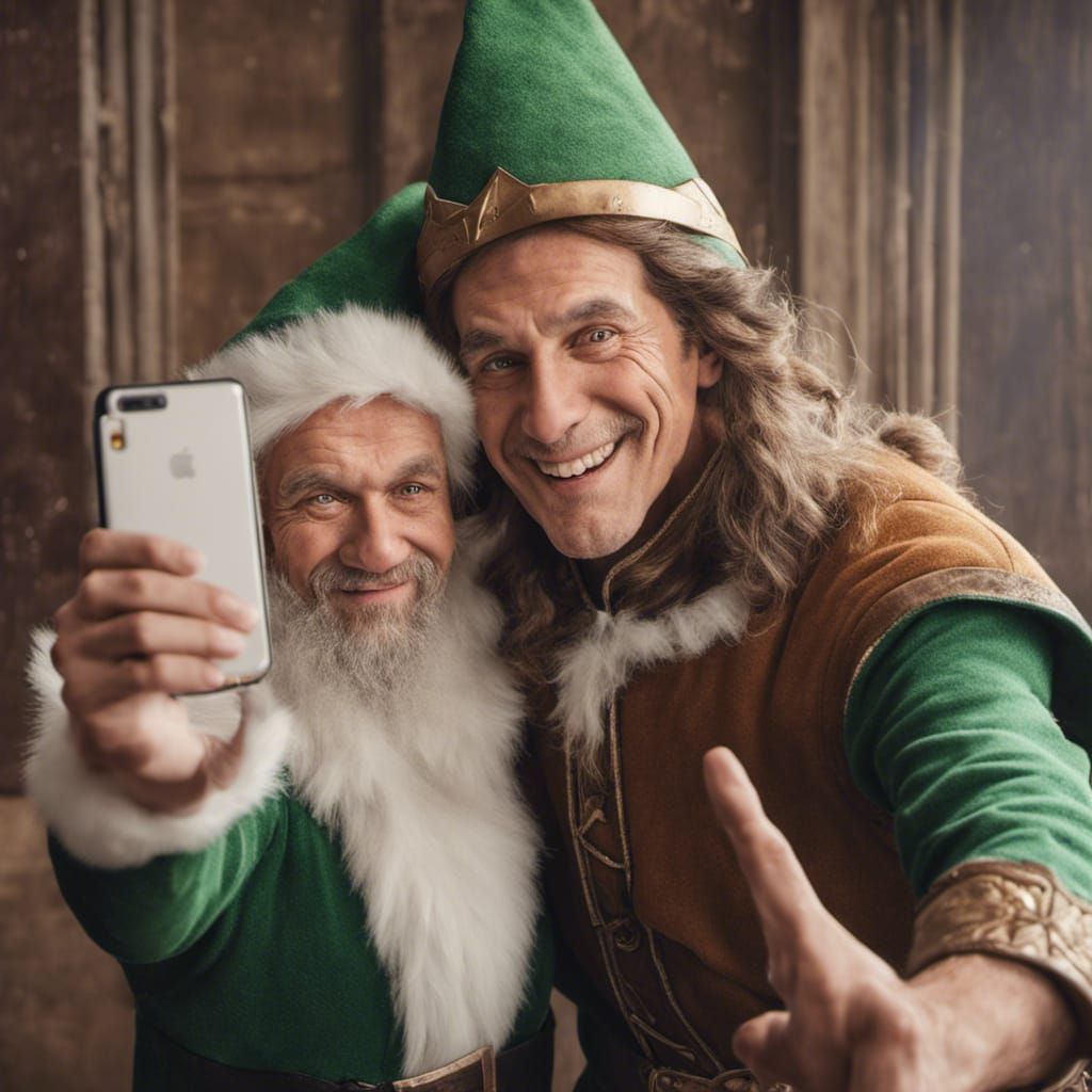 Taking a selfie with a smiling elf, sharp focus, sharp details ...