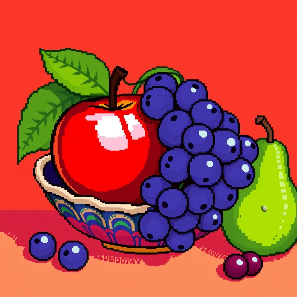 Apple, grapes, pear pixel art - Pixel Art Still Life of Frui...