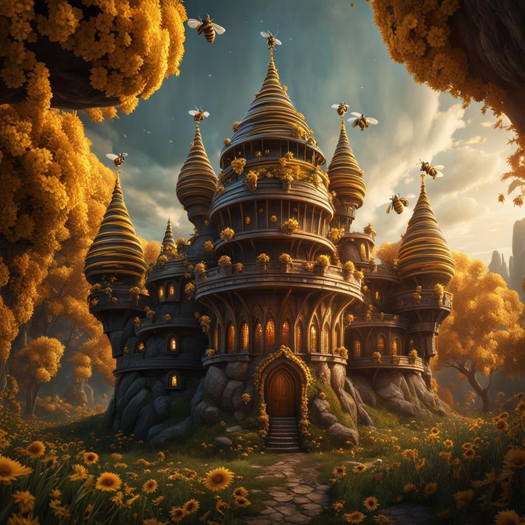 Bee hive castle, symmetrical, hyper realistic, hyper detail, beautiful ...