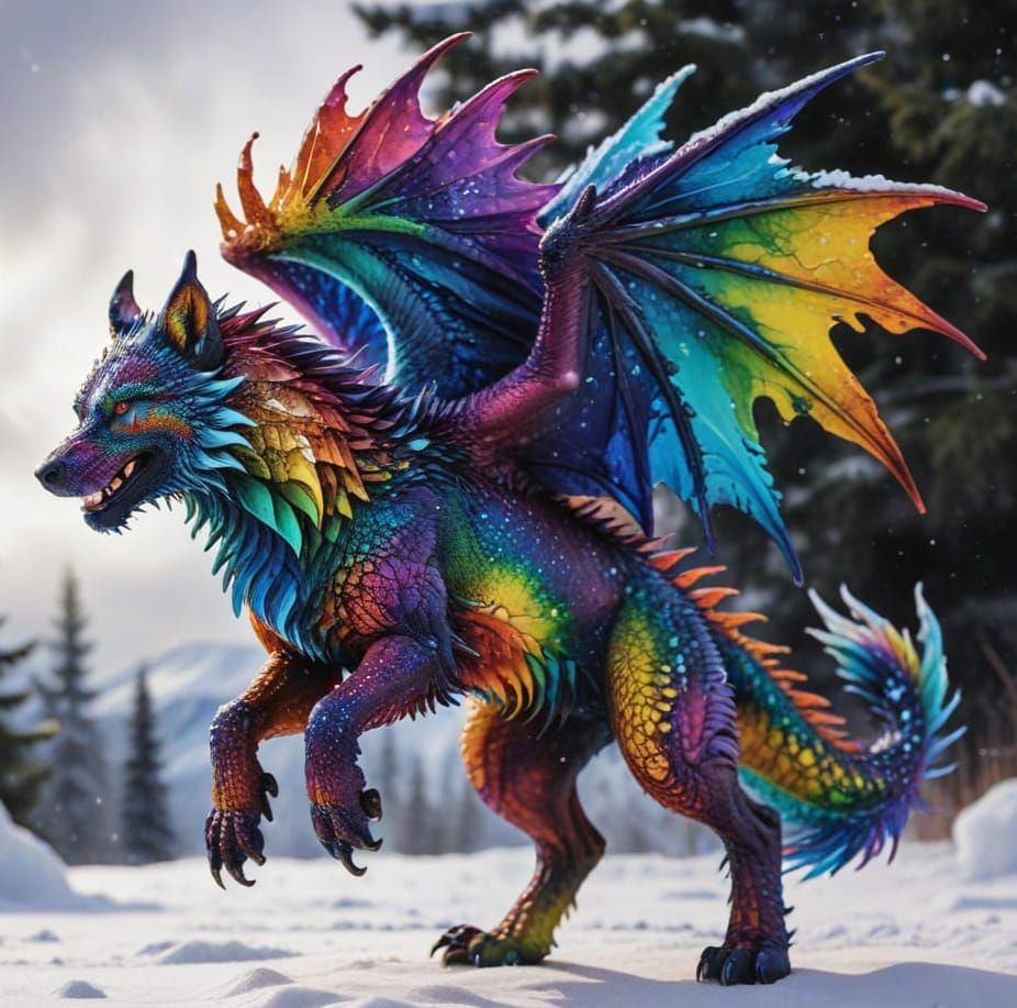 Full body shot of a rainbow dire wolf dragon hybrid flying. Snow and ...